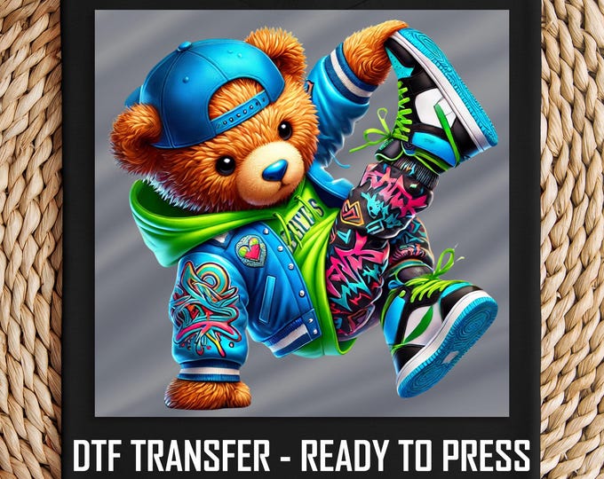 Hip Hop Football Graffiti Bear DTF Transfer, Cartoon Design, Ready to ...