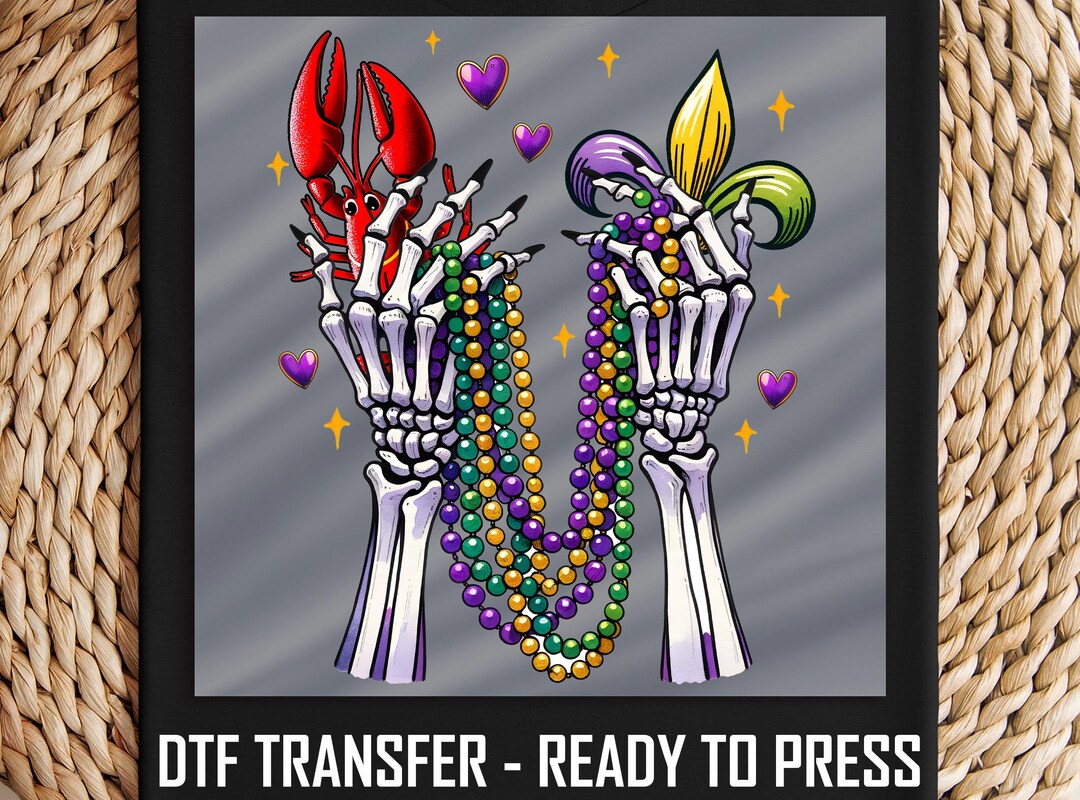 Mardi Gras Skeleton Hands DTF Transfer, Beads and Fleur De Lis ...