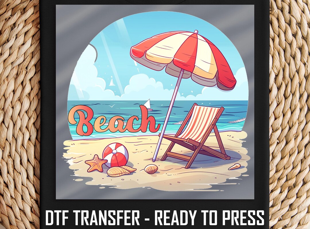 Dtf Transfer Beach Scene Design With Umbrella Chair and Ocean View ...