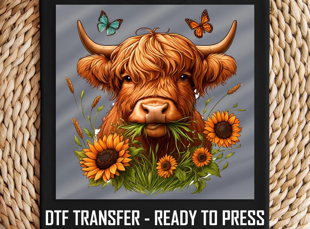 Highland Cow DTF Transfer, Cute DTF Transfer Highland Cow With Sunflowers and Butterflies, Farm ...