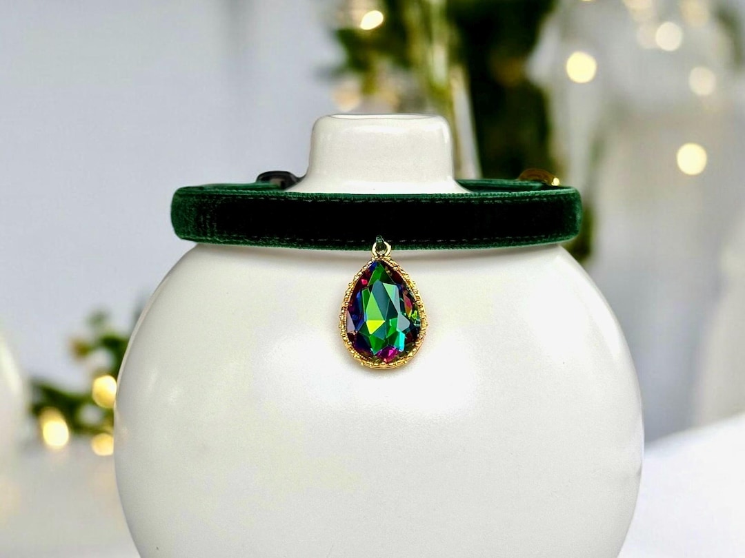 Enchanted Forest - Dark Green Velvet Cat Collar With 24K GP Rainbow ...