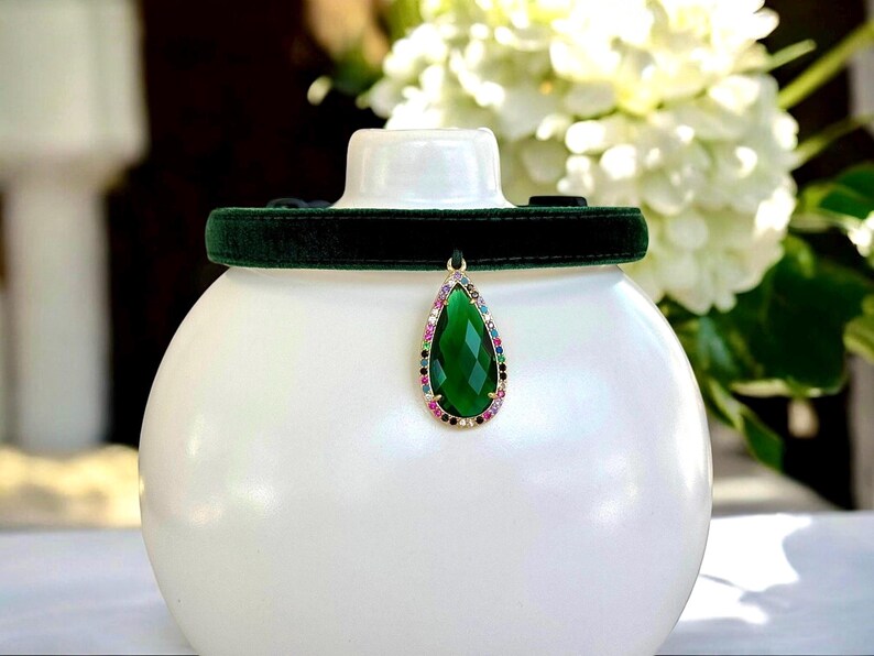 Enchanted Emerald - Dark Green Velvet Cat Collar With Rhinestone Charm ...