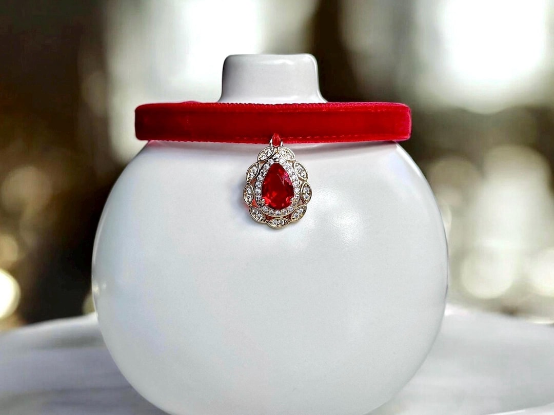 Ruby Elegance - Rich Red Velvet Cat Collar With Rhinestone Charm ...