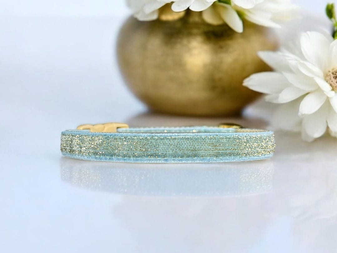 Shimmering Sky - Light Blue Velvet Cat Collar With Gold Lurex, Velvet ...