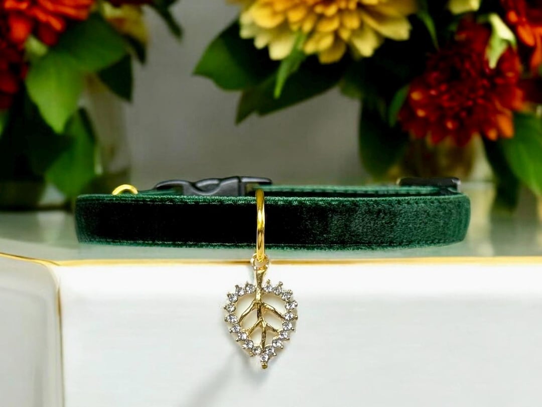 Autumn Whiskers - Dark Green Velvet Cat Collar With Rhinestone Leaf ...