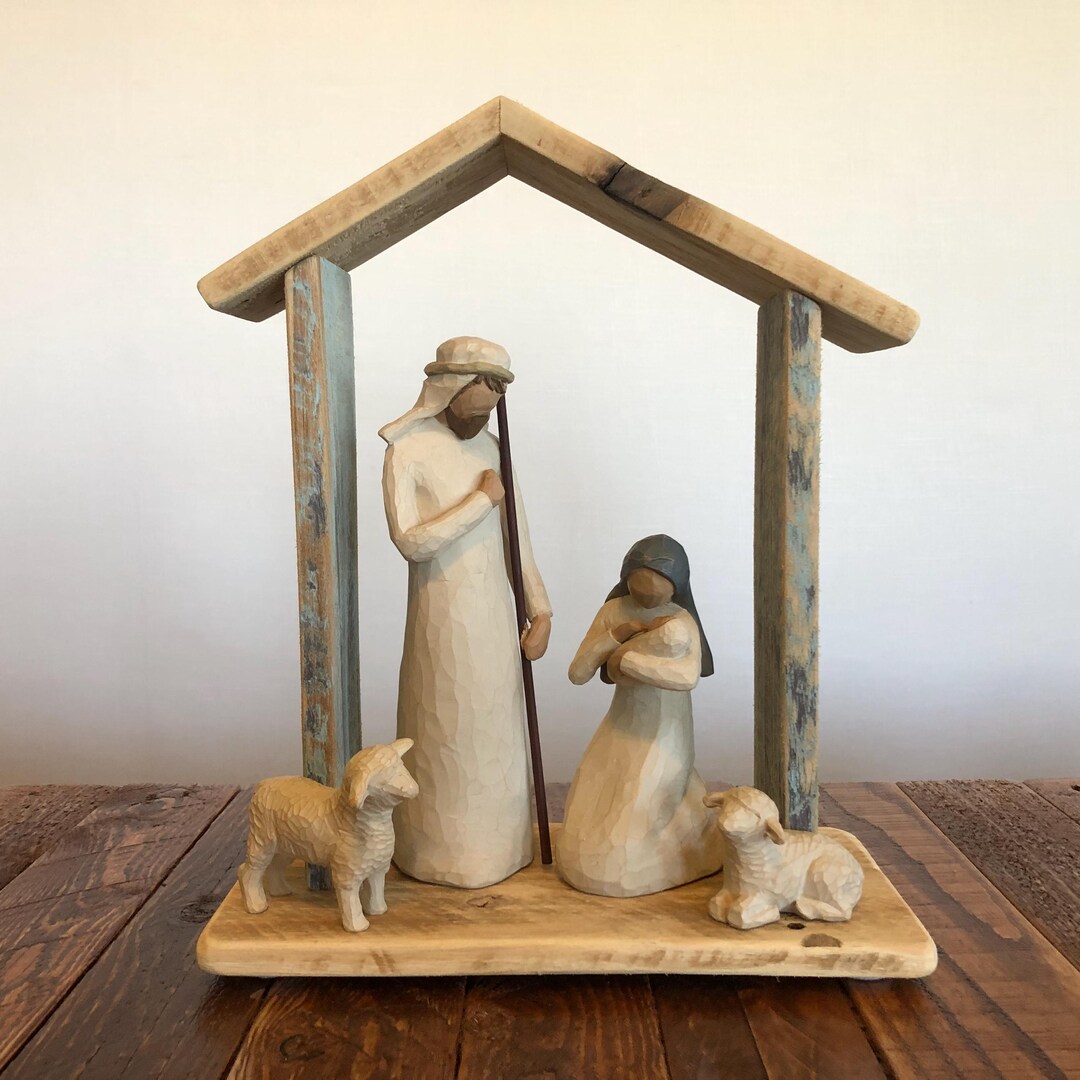 Handmade Reclaimed Wood Nativity Stable With Dark and Light Blue ...