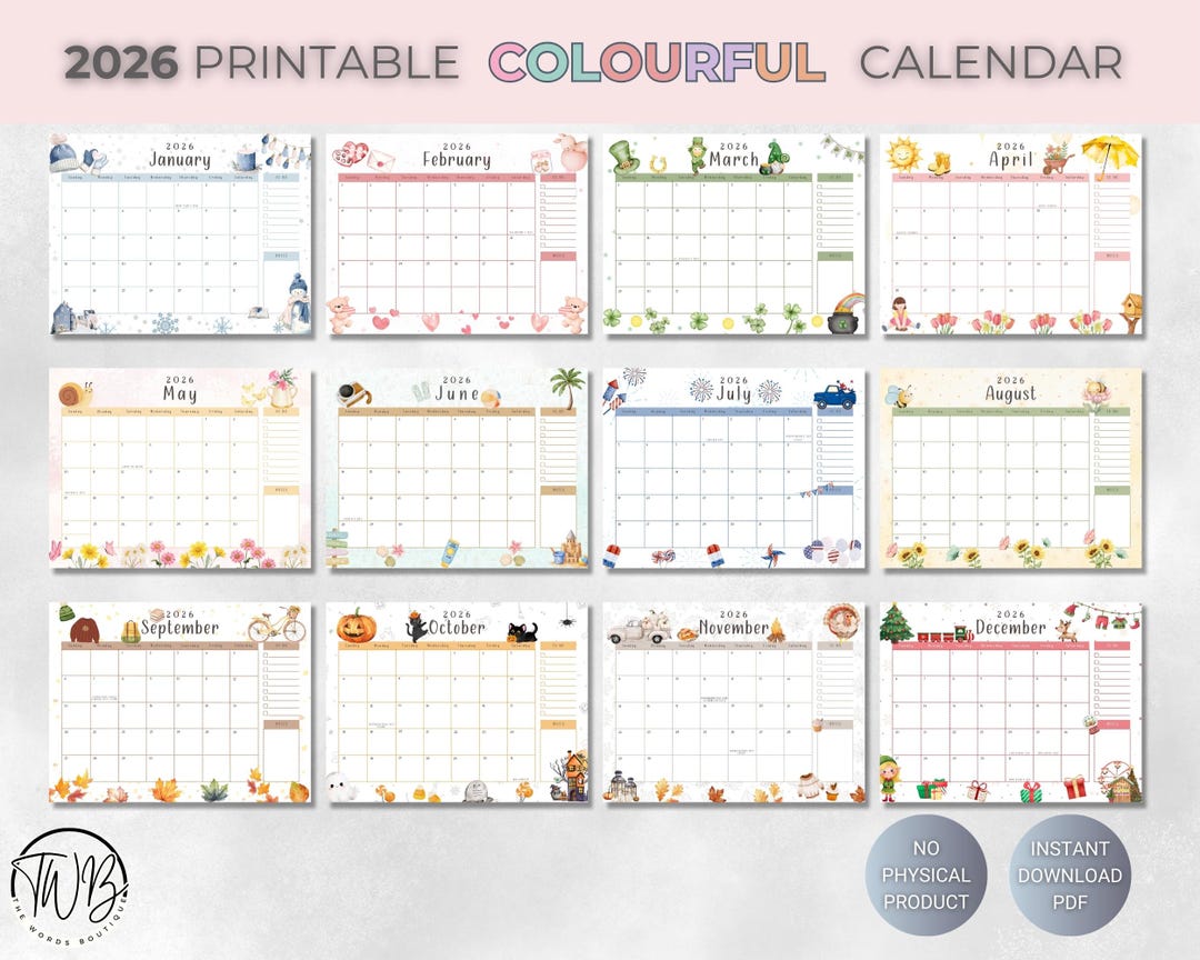 2026 Kids Calendar Printable, Fun Colourful Monthly Planner (PDF) - Etsy