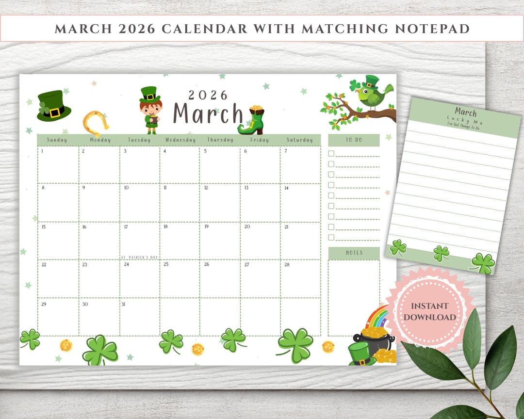 March 2026 Calendar and Notepad | St. Patrick's Day Printable (PDF ...