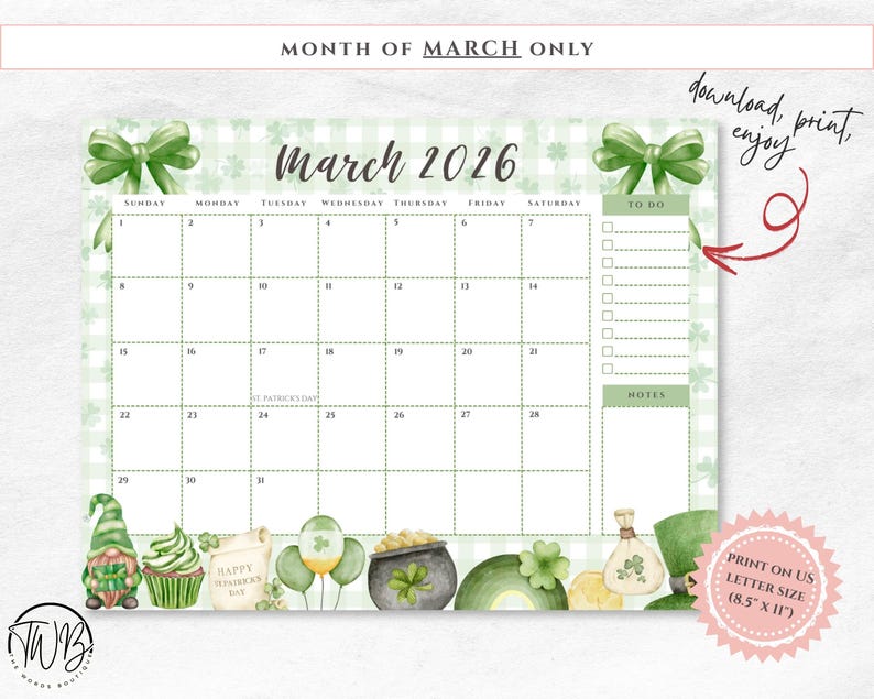 March 2026 Calendar and Notepad | St. Patrick's Day Printable (PDF ...