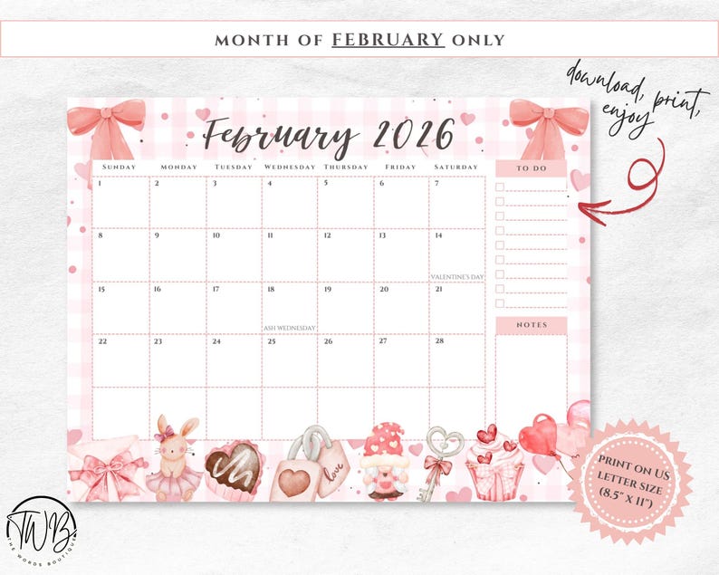 February 2026 Calendar Notepad Printable | Valentine's Day (PDF & PNG ...