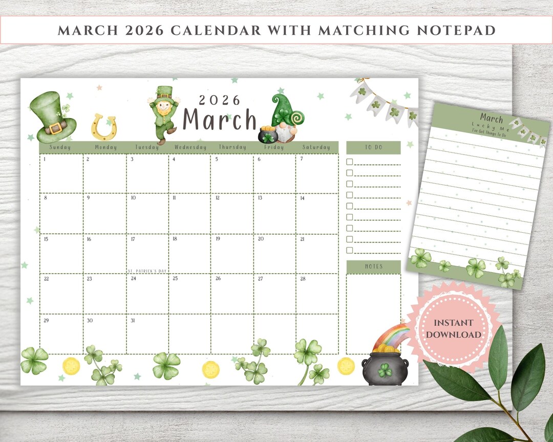 March 2026 Calendar and Notepad | St. Patrick's Day Printable (PDF ...