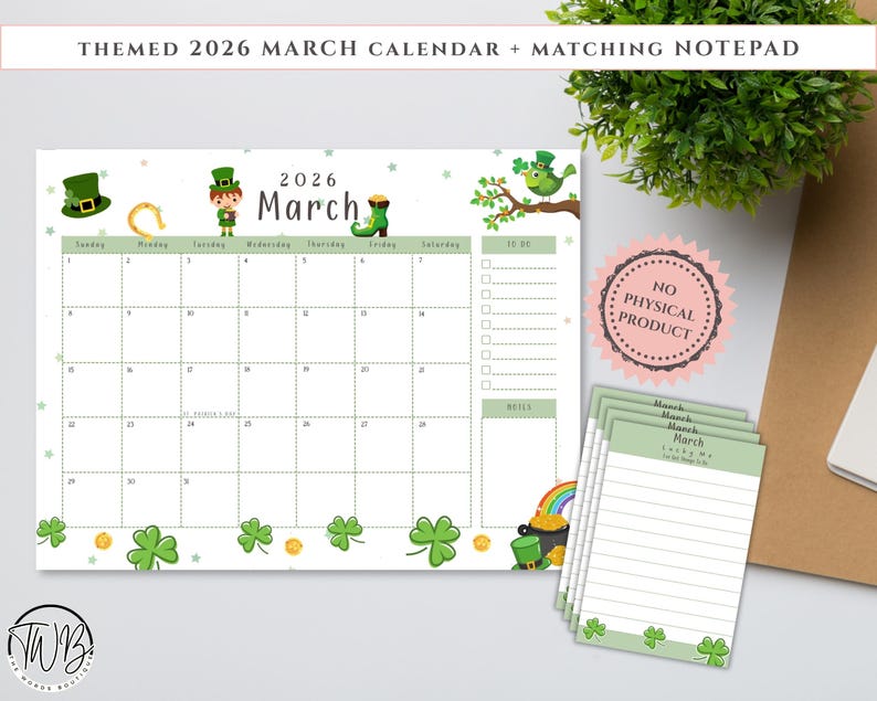March 2026 Calendar and Notepad | St. Patrick's Day Printable (PDF ...