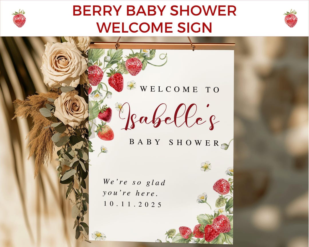 Strawberry Baby Shower Welcome Sign: Berry Sweet Party Decor (digital ...