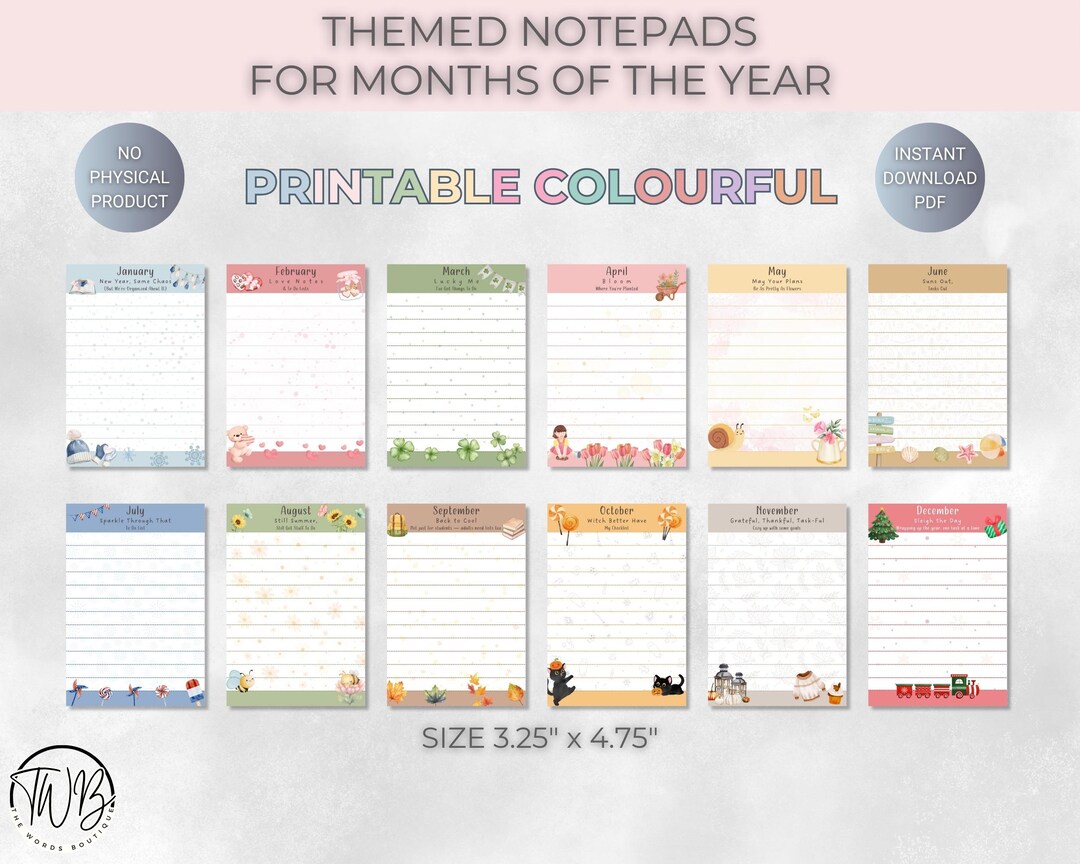 Colorful Printable Notepad Templates, 12 Months Cute Digital Designs ...