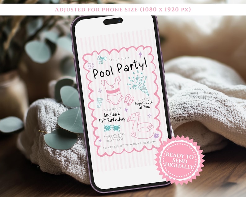 Girls Pool Party Invitation Editable Canva Template | Summer Kids Swim ...