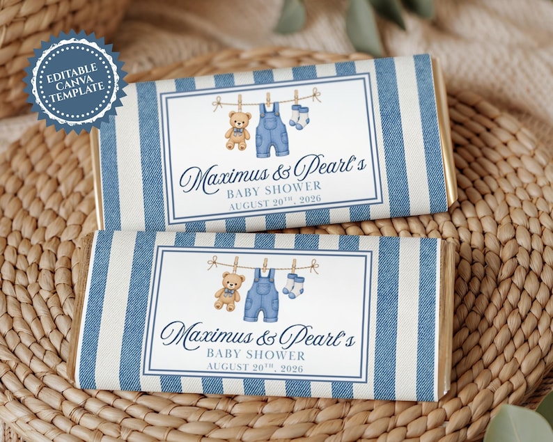 Blue Jean Baby Shower Chocolate Wrapper | Editable Canva Template ...