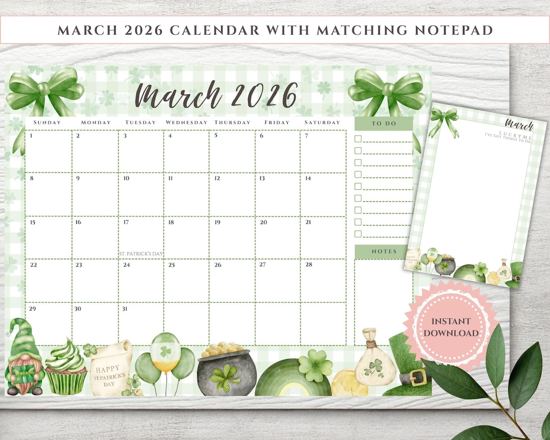 March 2026 Calendar and Notepad | St. Patrick's Day Printable (PDF ...