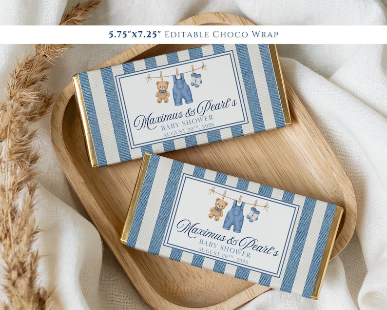 Blue Jean Baby Shower Chocolate Wrapper | Editable Canva Template ...
