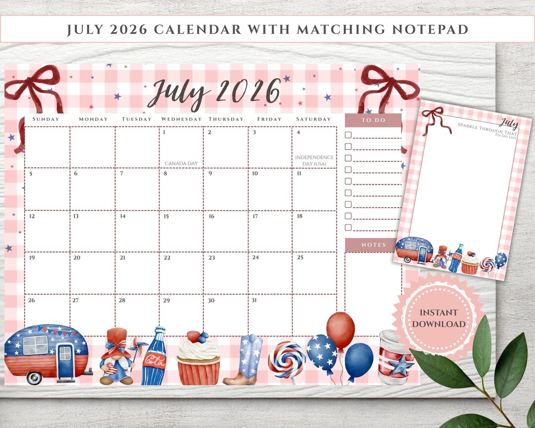 2026 July Calendar & Notepad: Patriotic Planner (PDF, PNG Downloadable ...