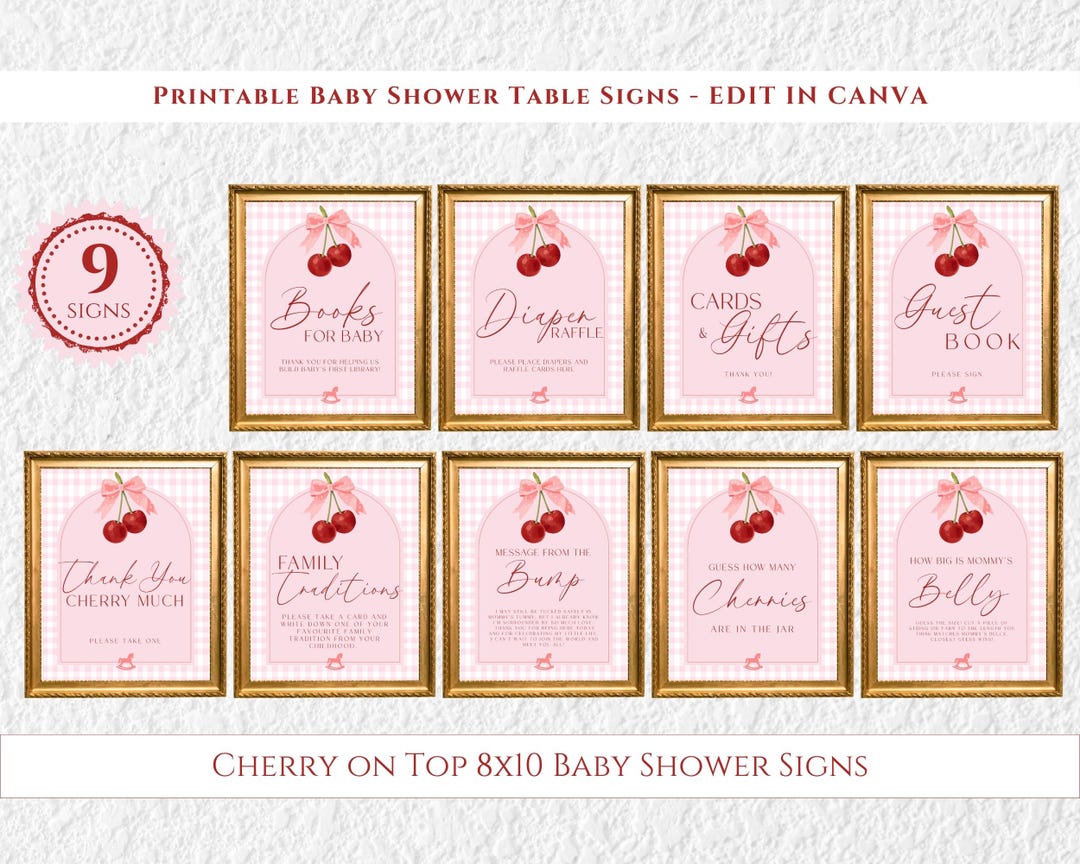 Cherry on Top Pink Gingham Editable Baby Shower Table Signs (digital ...
