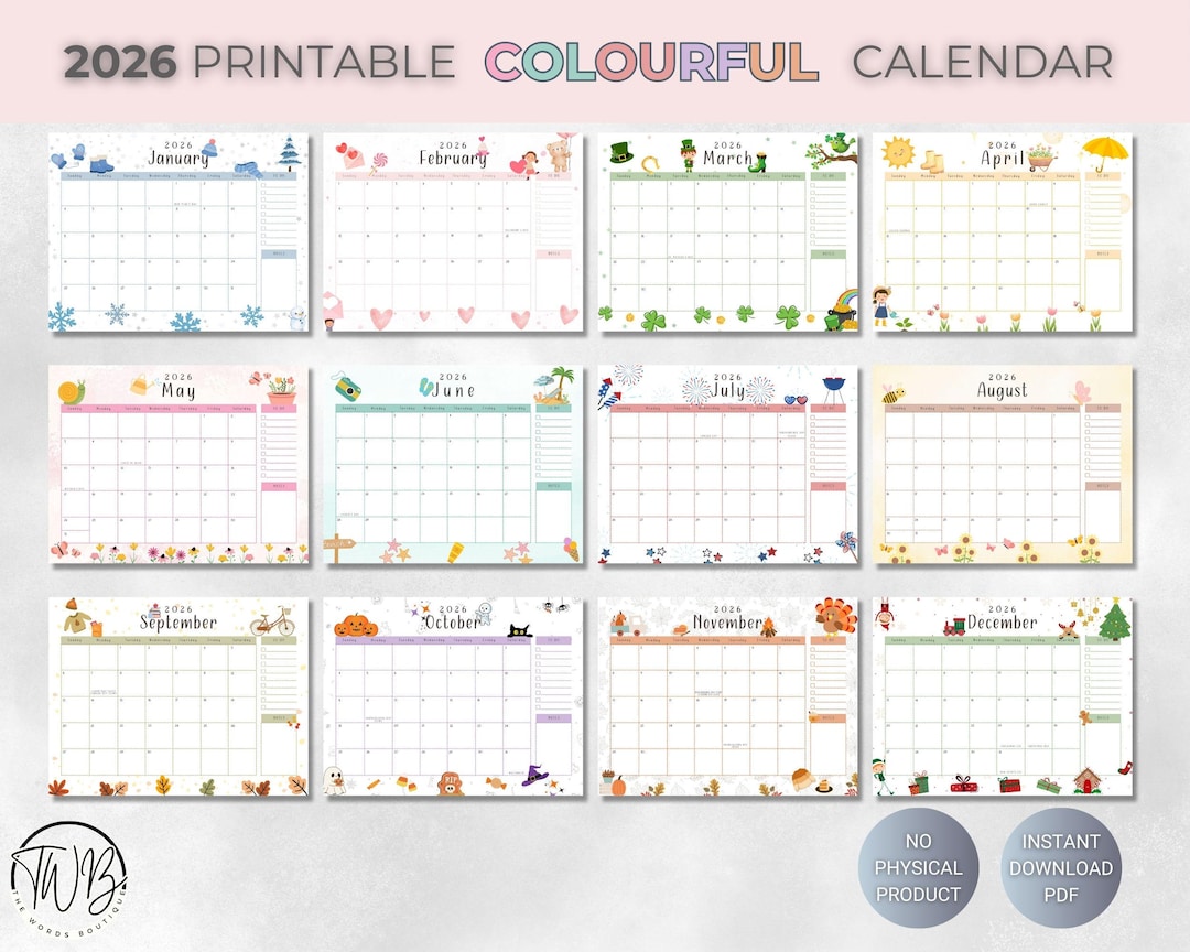 2026 Kids Calendar Printable, Monthly Planner (PDF Download - Etsy