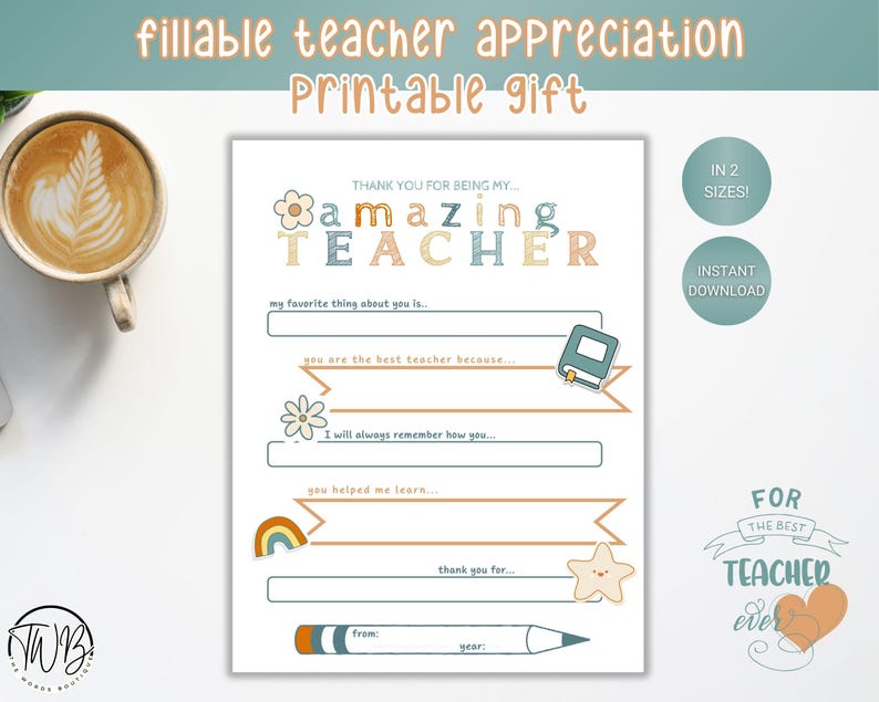 Teacher Appreciation Fill-in Printable – Personalized Gift (digital ...