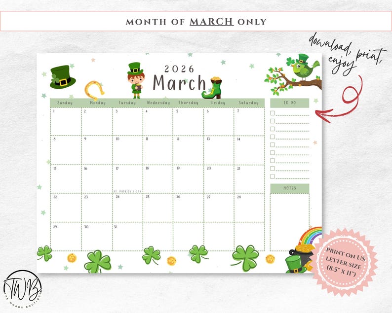 March 2026 Calendar and Notepad | St. Patrick's Day Printable (PDF ...
