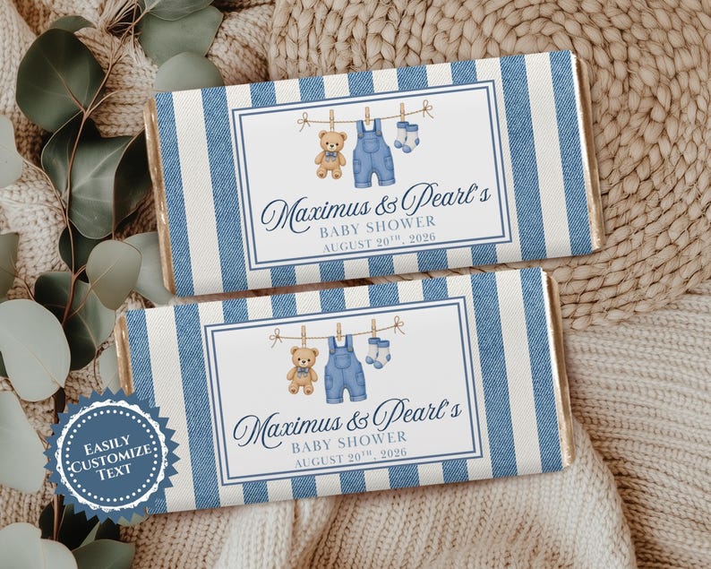 Blue Jean Baby Shower Chocolate Wrapper | Editable Canva Template ...