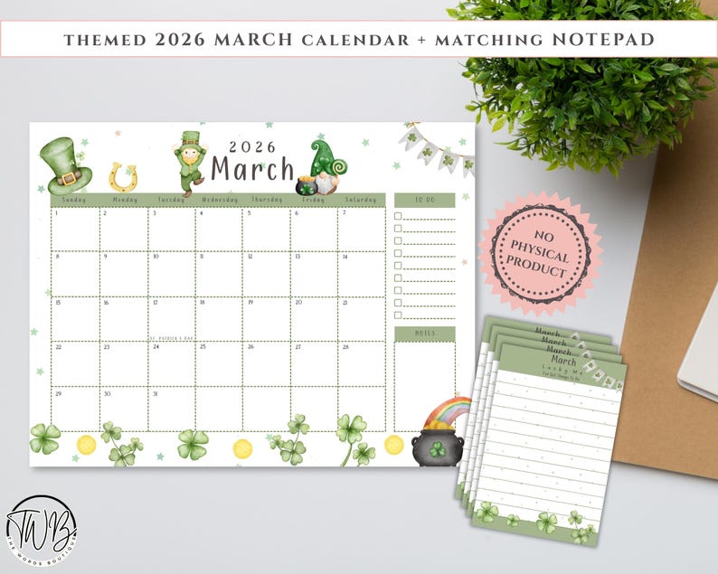 March 2026 Calendar and Notepad | St. Patrick's Day Printable (PDF ...