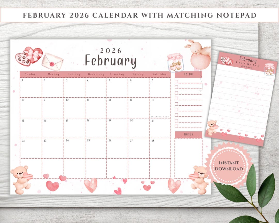 February 2026 Calendar Notepad Printable | Valentine's Day (PDF & PNG ...