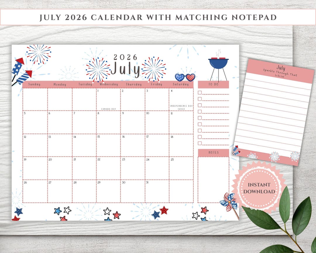 2026 July Calendar & Notepad: Patriotic Planner (PDF, PNG Downloadable ...