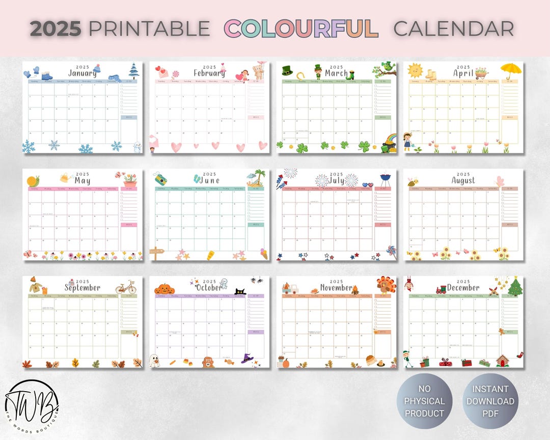 2025 Calendar Printable, Cute Kids Monthly Wall Calendar PDF, Editable ...