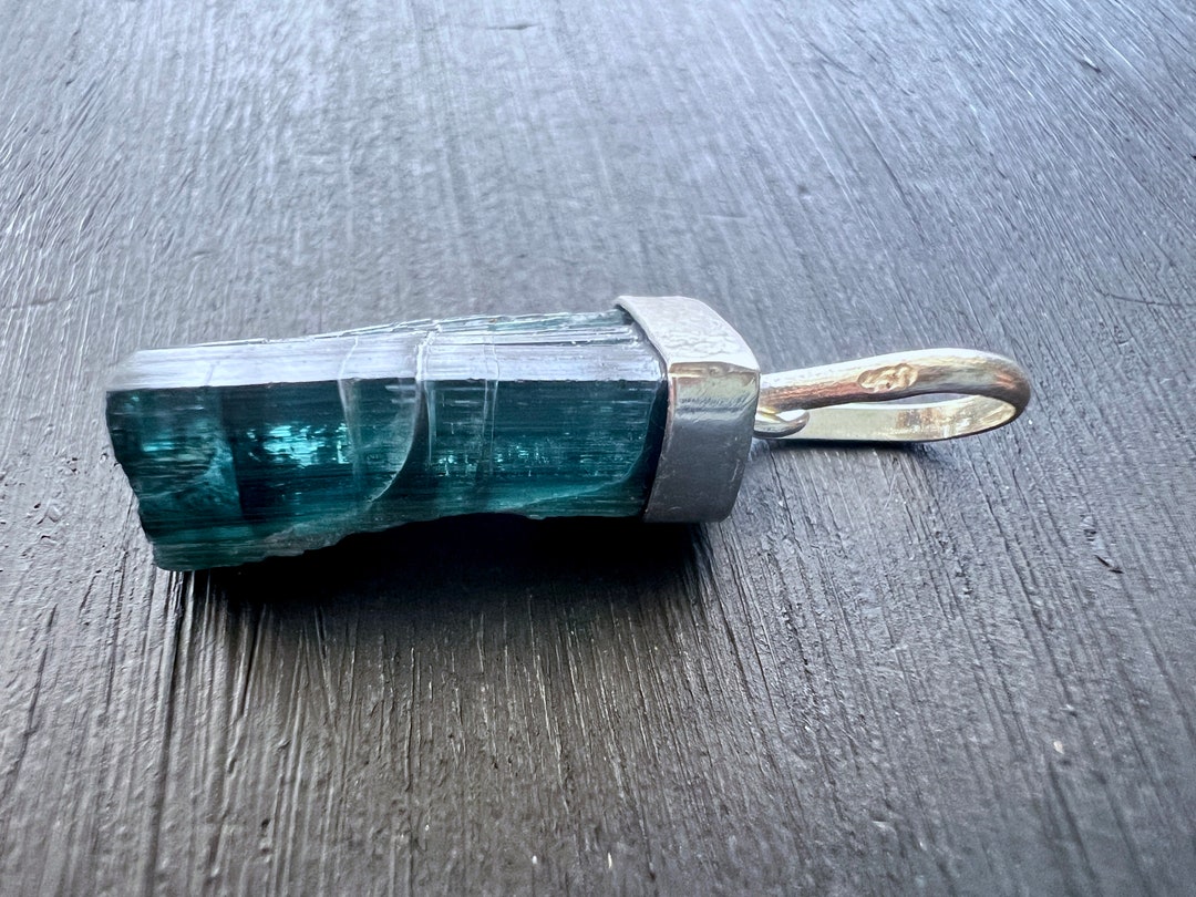 Raw Indicolite Pendant 1.1 Inches Blue Tourmaline Crystal in Sterling ...
