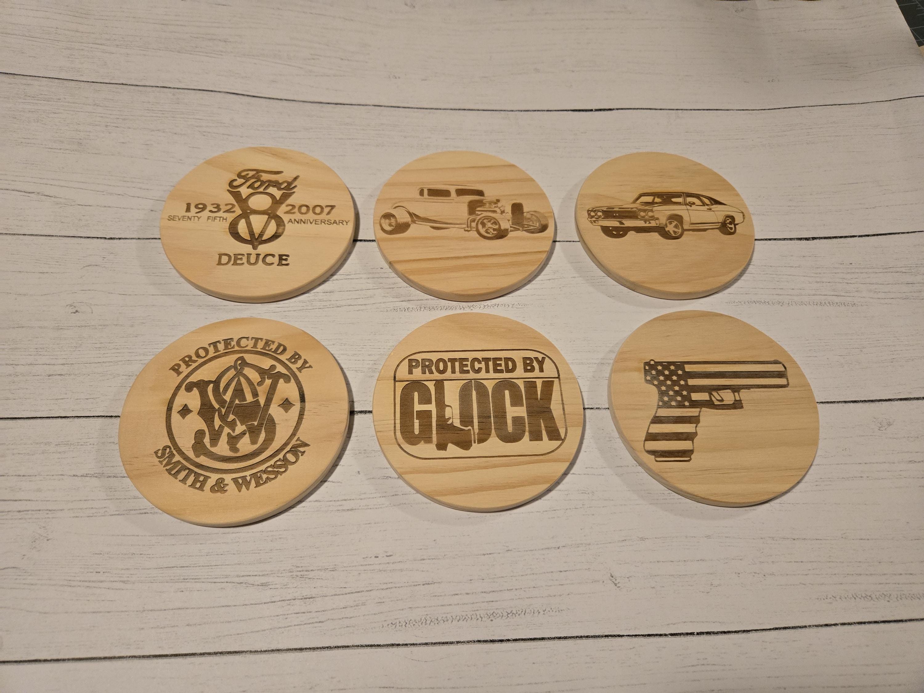 Laser Engraved Coasters | Vintage Cars | Firearms - Etsy