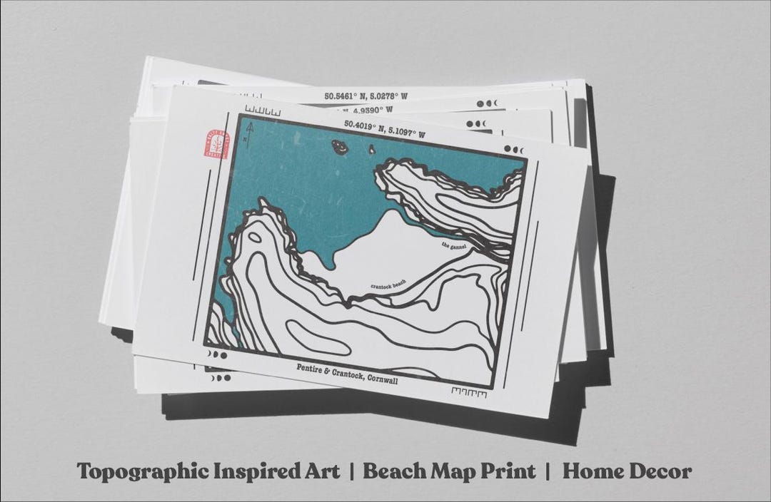 Pentire Headland & Crantock Beach Map | Digital Art Print | Topographic ...