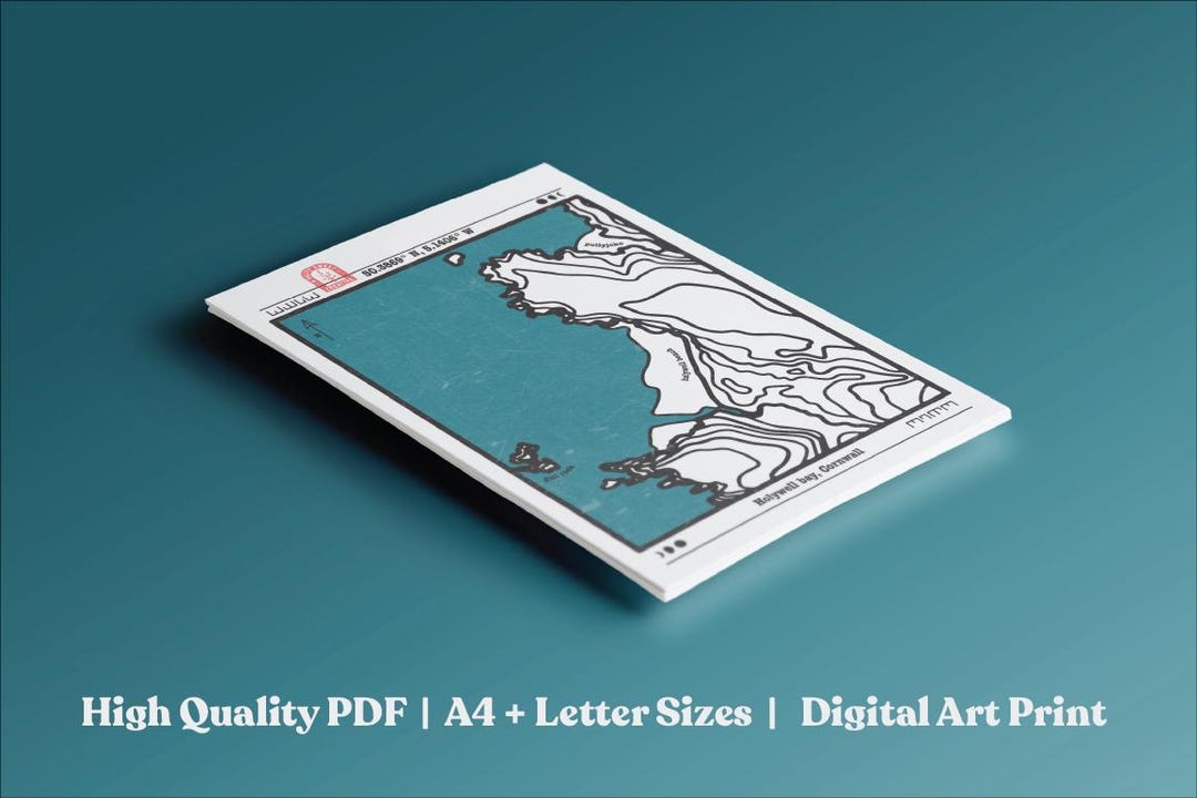 Holywell Bay Topographic Map Digital Art Print | Printable Beach Map ...