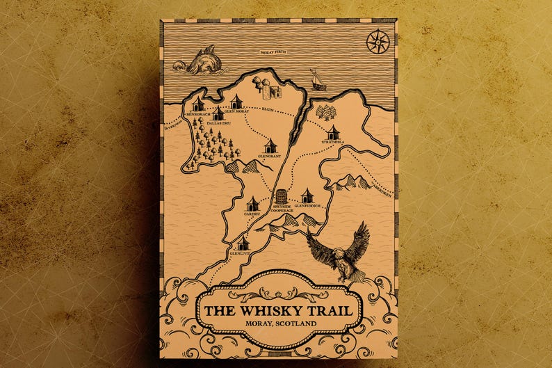 Vintage Whisky Trail Map of Moray, Scotland – Antique-style Digital ...