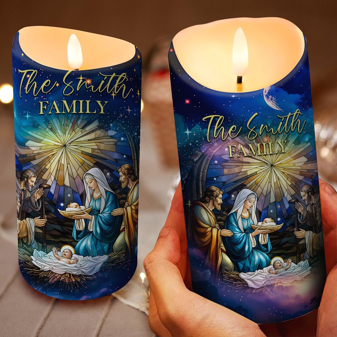 Christmas Nativity Scene Personalized LED Candle Custom Name Year Gift ...