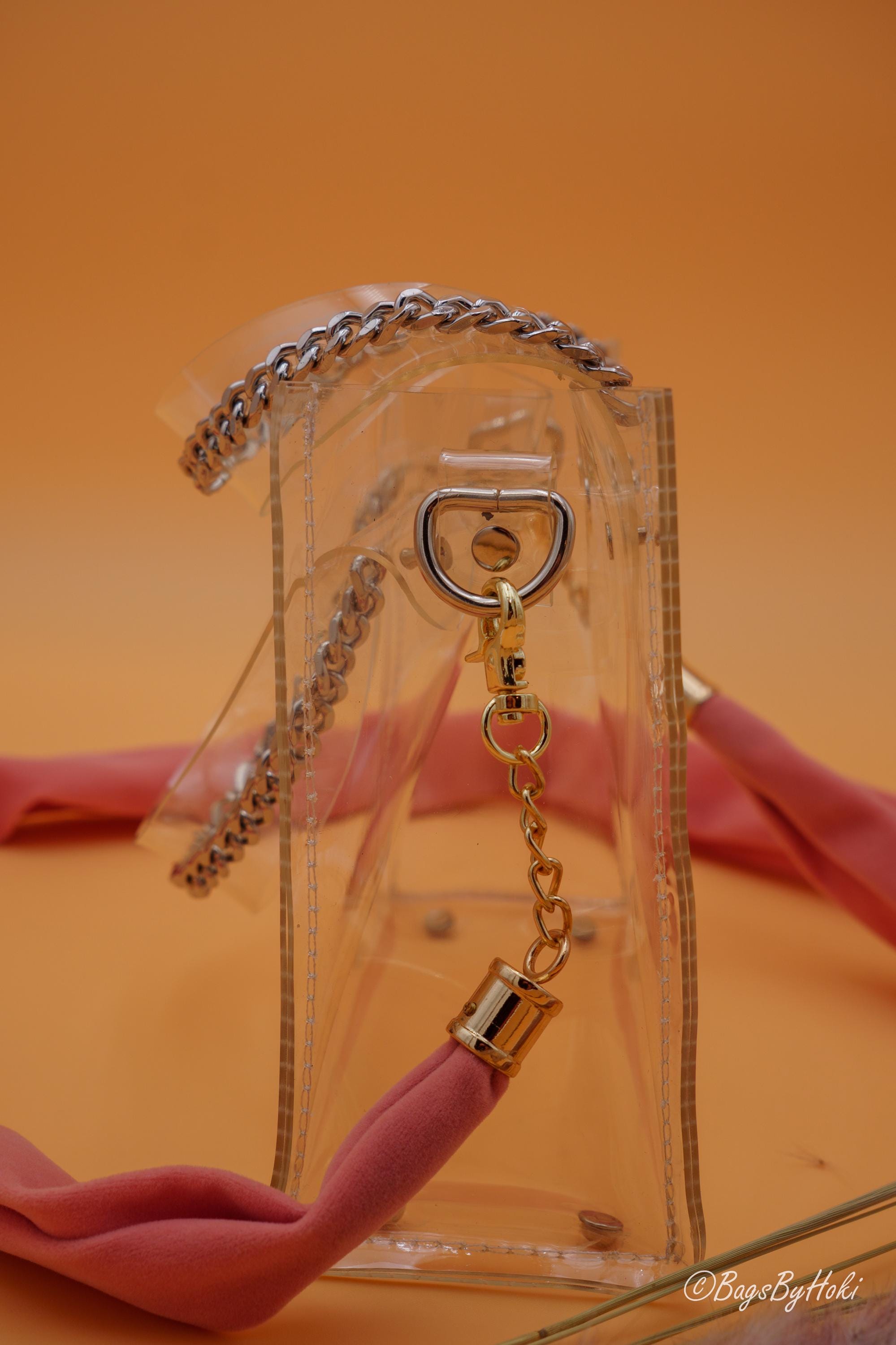 Clear PVC Stadium Bag, Pink Pouch, Chain Handle, Strap Crossbody. Event ...