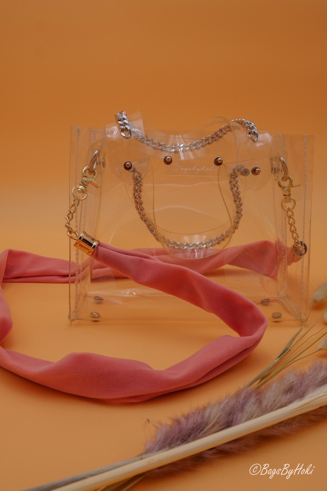 Clear PVC Stadium Bag, Pink Pouch, Chain Handle, Strap Crossbody. Event ...