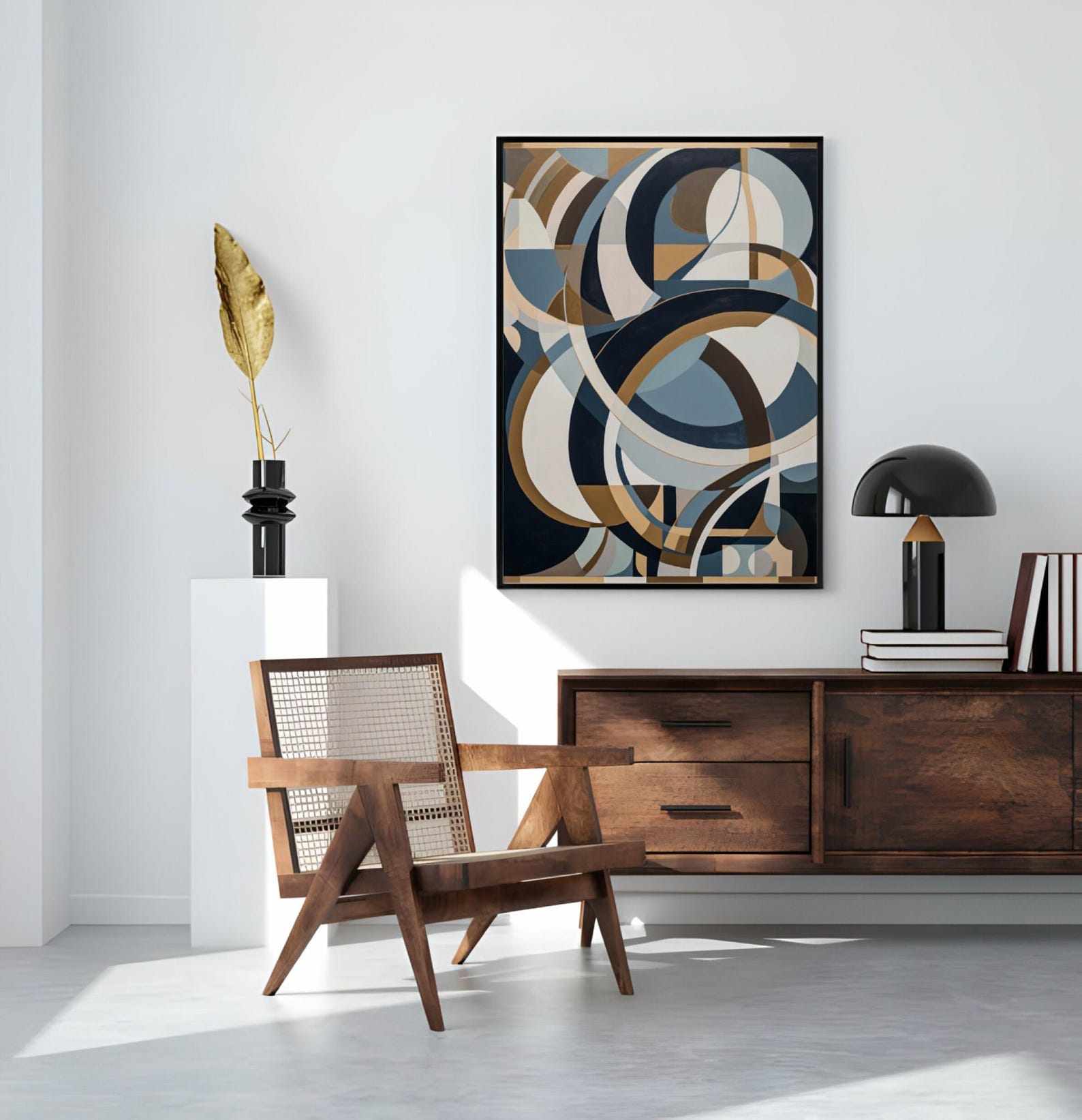 Modern Abstract Digital Art Print - Geometric Wall Art in Blue and Gold ...