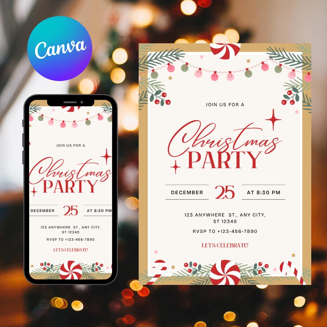 Digital Christmas Party Invite, Canva Download, Editable Party Template ...