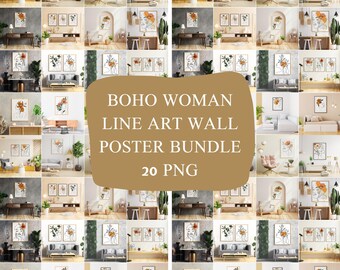 Boho Woman Art Print, Woman Line Art, Flower Wall Art, Boho Floral ...