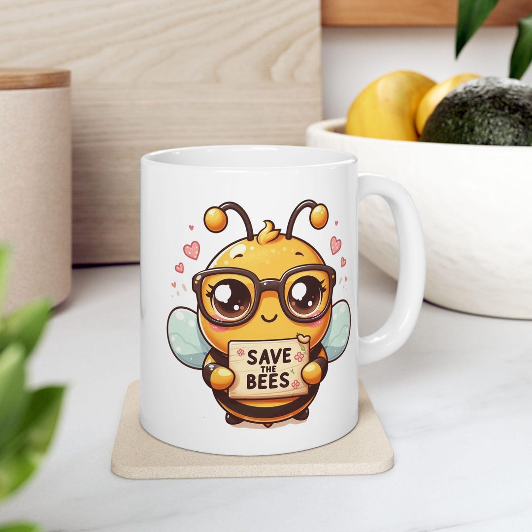 Save the Bees Coffee Mug - Cartoon Bee Holding Sign for Bee Lovers ...