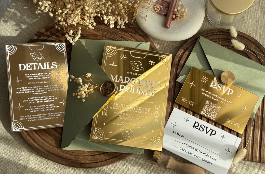 Mirror Gold Acrylic Wedding Invitations With RSVP: Unique Quinceanera ...