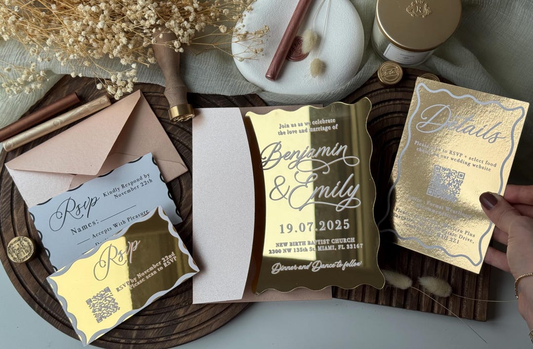 Mirror Gold Acrylic Wedding Invitations With RSVP - Etsy