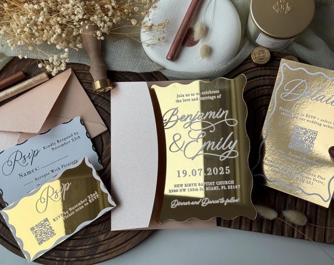 Mirror Gold Acrylic Wedding Invitations With RSVP - Etsy