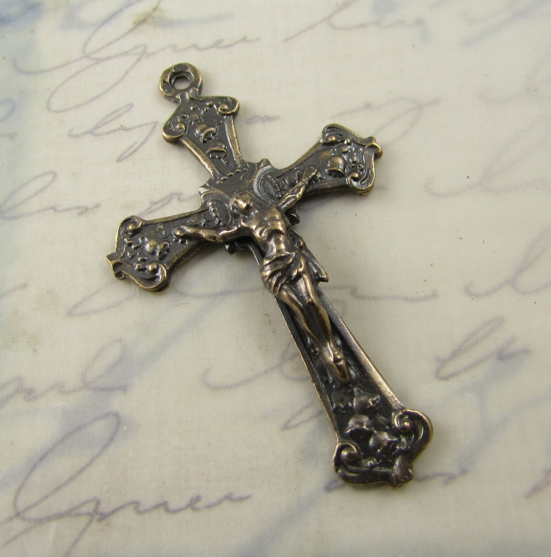 Solid Bronze Crucifix Lily Details Catholic Rosary Parts - Etsy