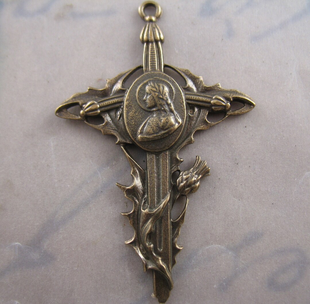 Solid Bronze Joan of Arc Cross With Thistles Rosary Parts Religious ...