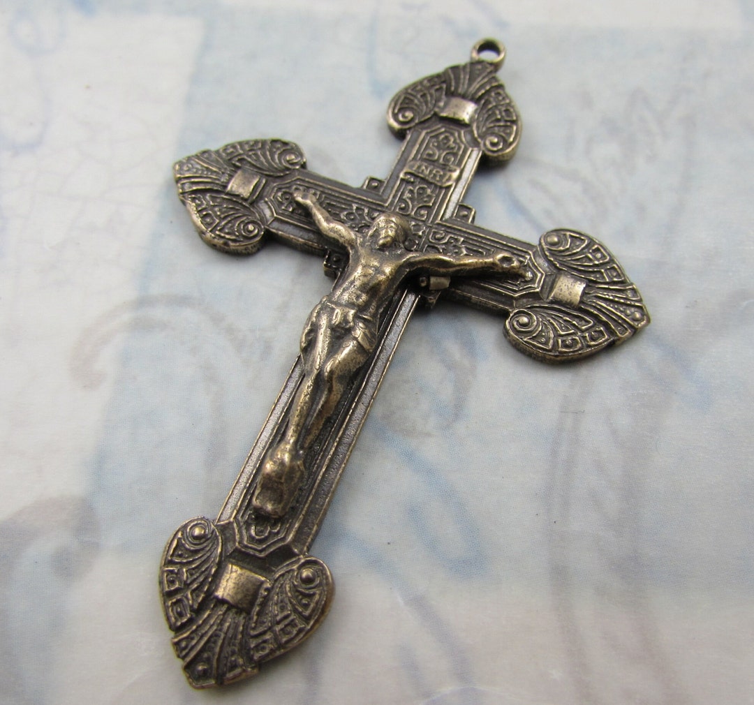 Large Elaborate Crucifix Solid Bronze Religious Charms Jewelry Rosary ...